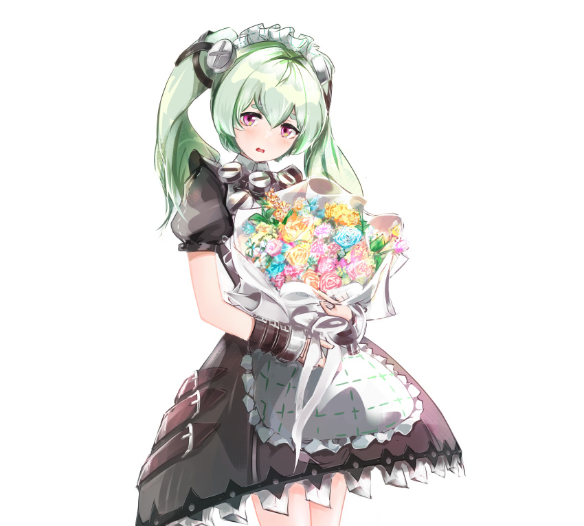 Safebooru - 1girl absurdres apron black dress blue flower blush bouquet commentary request corin ...