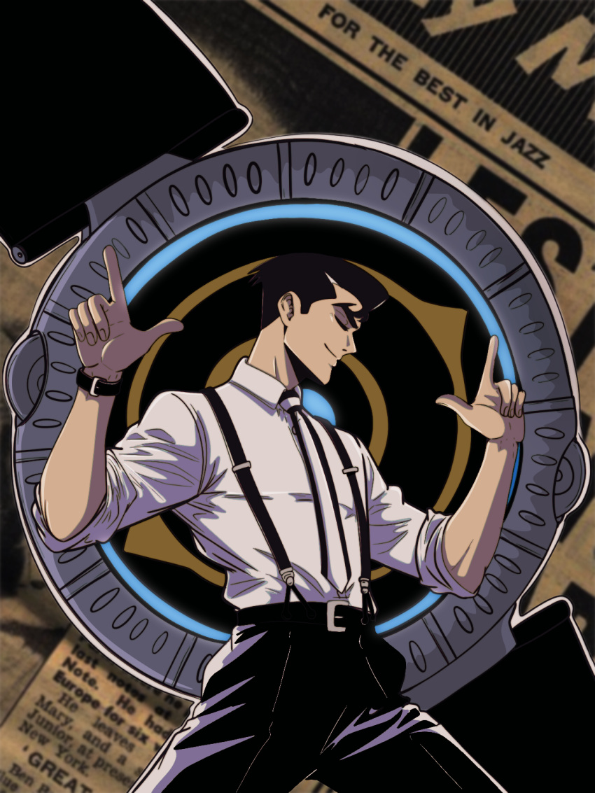 Safebooru - 1boy black hair black pants closed eyes closed mouth collared shirt cowboy shot ...