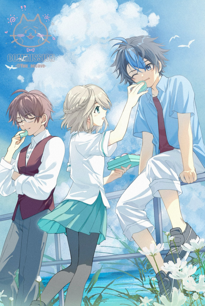 Safebooru - 1girl 2boys aged down blue eyes blue hair blue skirt blue sky braid brown hair ...