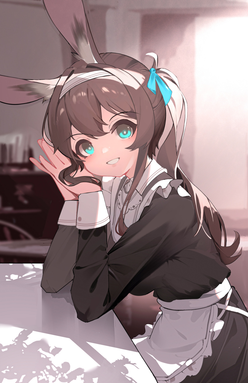 Safebooru - 1girl absurdres amiya (arknights) animal ears arknights blue ribbon bookshelf ...