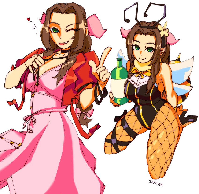 Safebooru - 1girl 3amsoda aerith gainsborough alcohol armpit crease bee costume braid breasts ...