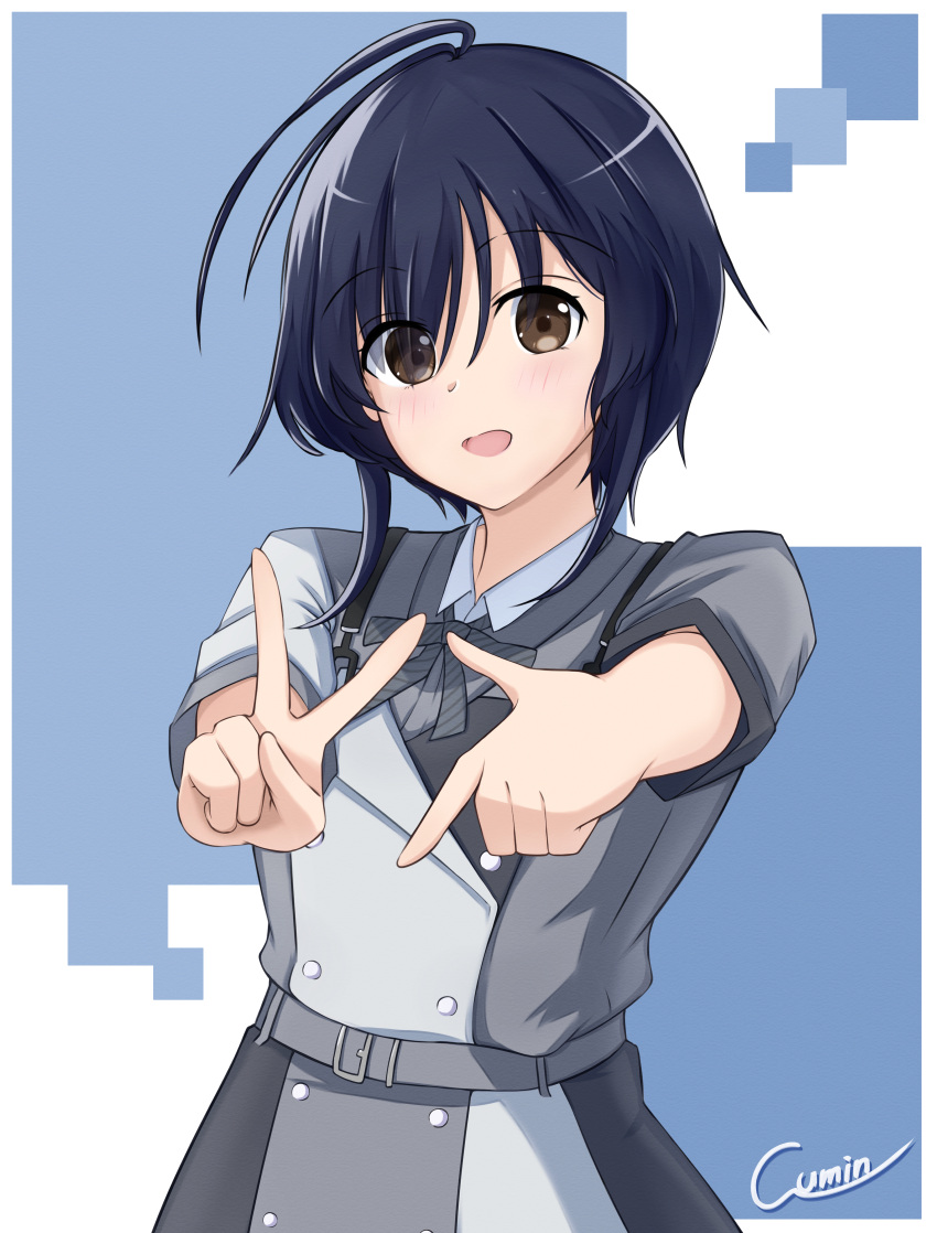 Safebooru - 1girl 22/7 absurdres ahoge artist name belt belt buckle blue hair brown eyes buckle ...