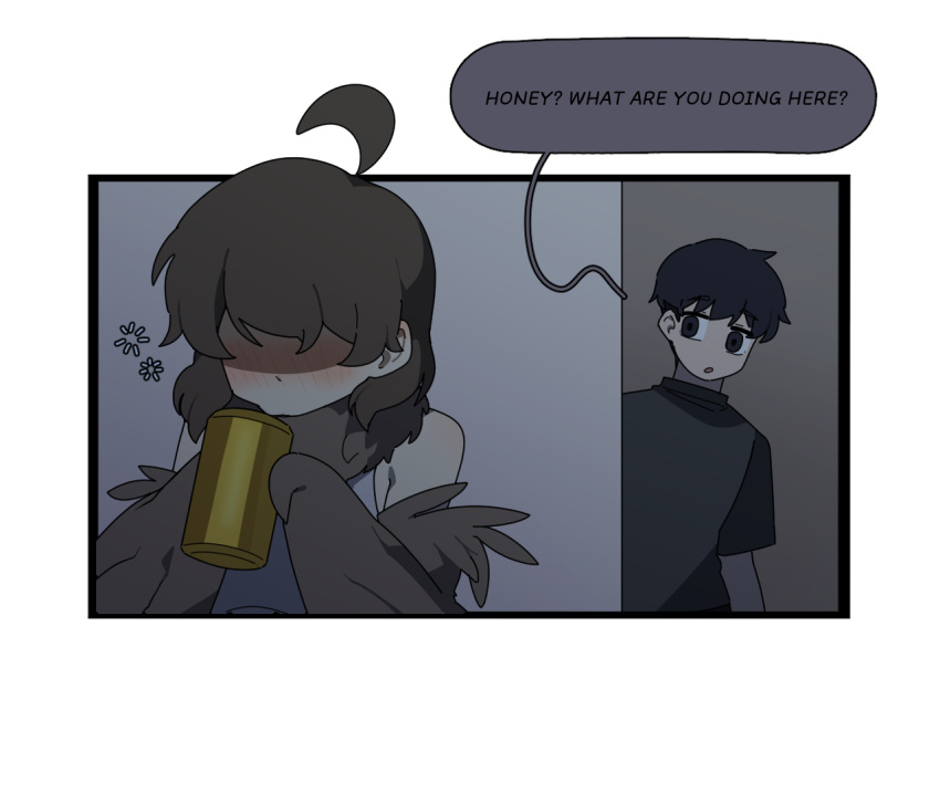 Safebooru - 1boy 1girl ahoge bare shoulders black eyes black hair black shirt blush brown ...