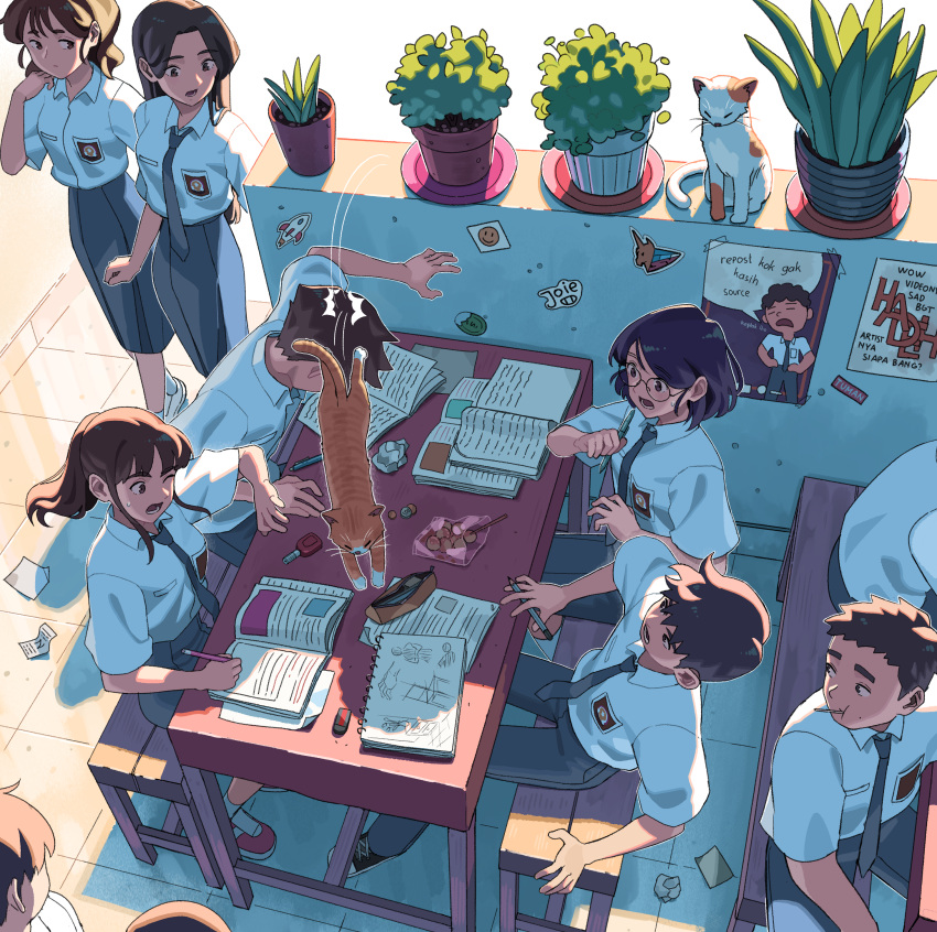 Safebooru - 4girls 6+boys absurdres black hair brown hair cat drawing (object) english ...