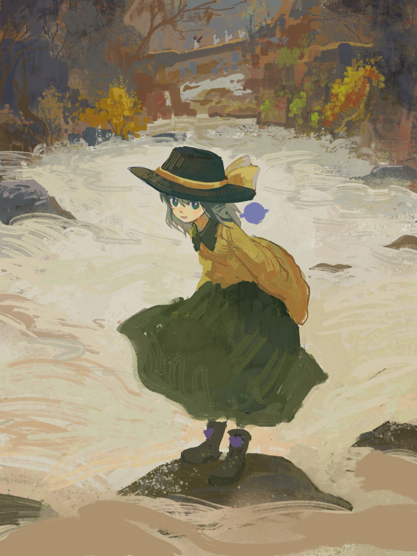 Safebooru - 1girl arms behind back black footwear black hat boots commentary ge dazuo green eyes ...