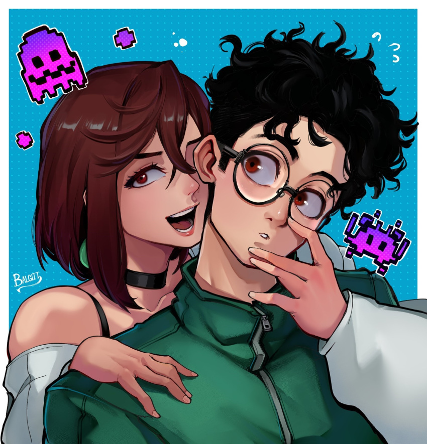 Safebooru - 1boy 1girl ayase momo black choker black hair bra strap brown eyes brown hair choker ...