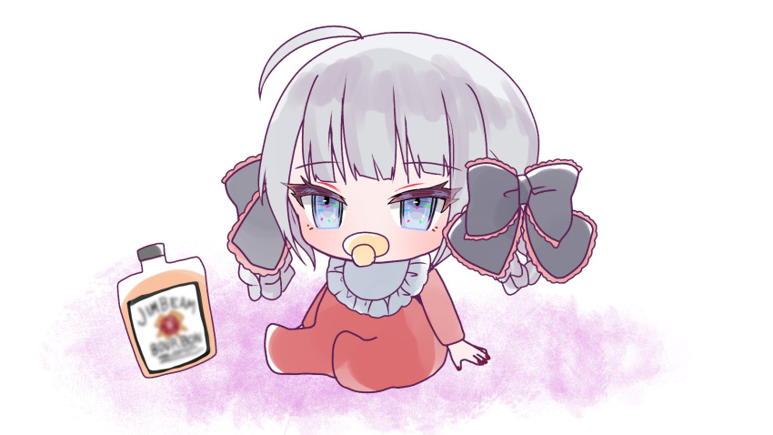Safebooru - 1girl ahoge alcohol baby black bow blue eyes blurry bottle ...