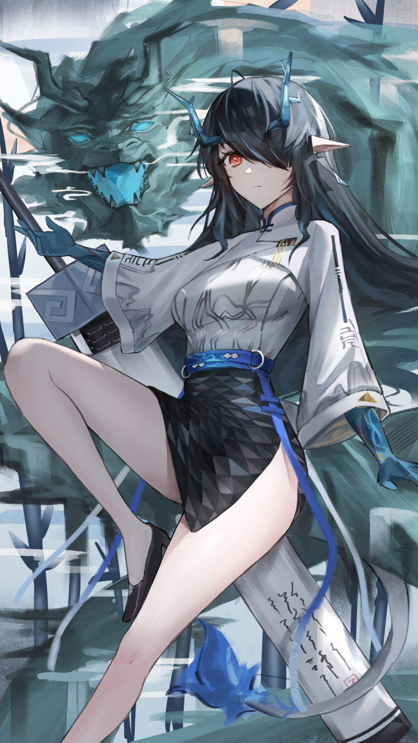 Safebooru - 1girl arknights bare legs belt black footwear black hair black skirt blue belt blue ...