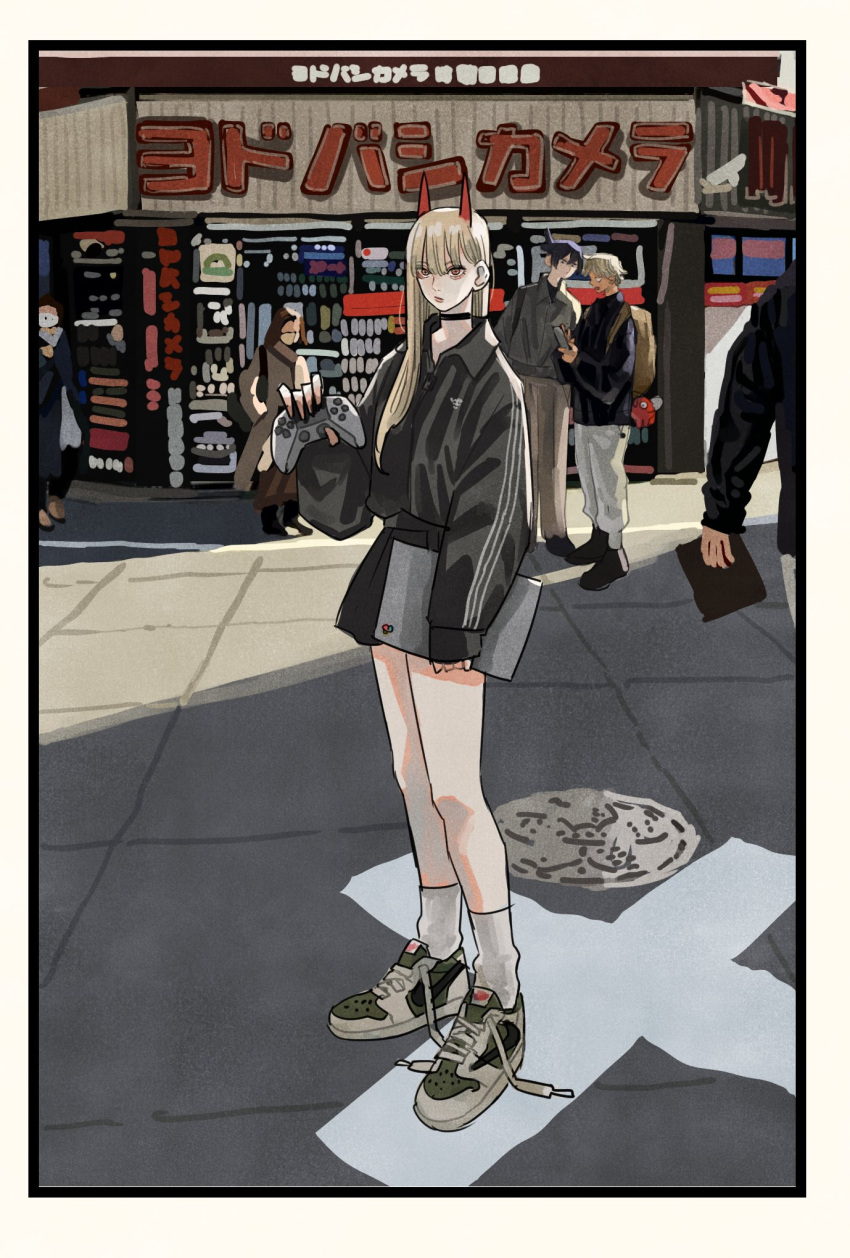 Safebooru - 1girl 2boys adidas bag black choker black hair blonde hair ...