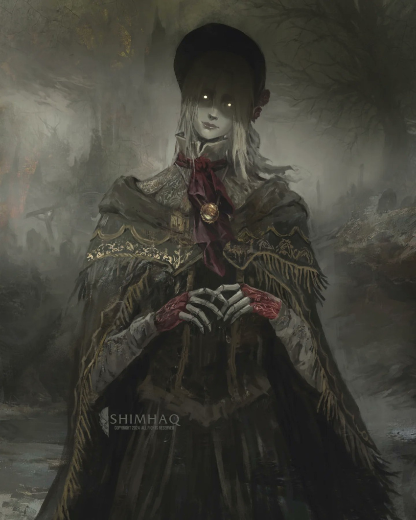 Safebooru - 1girl 2024 artist name ascot blonde hair bloodborne bonnet brown bonnet brown cloak ...