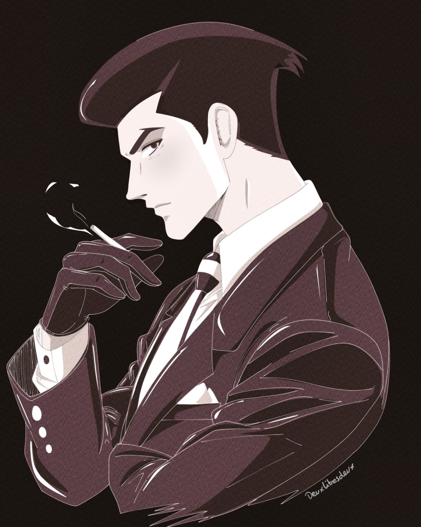 Safebooru - 1boy between fingers brown theme cigarette closed mouth collared shirt cropped torso ...