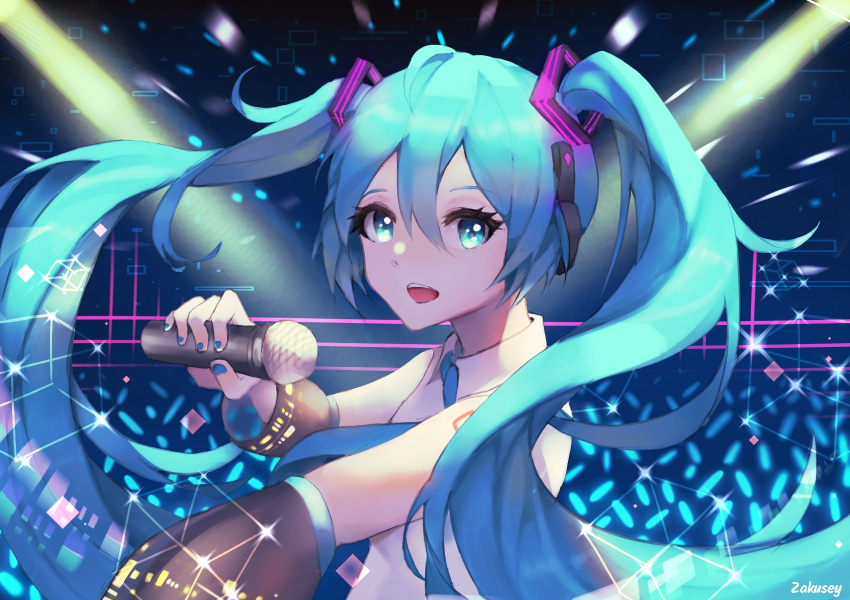 Safebooru - 1girl :d aqua eyes aqua hair arm tattoo artist name black sleeves blue nails ...