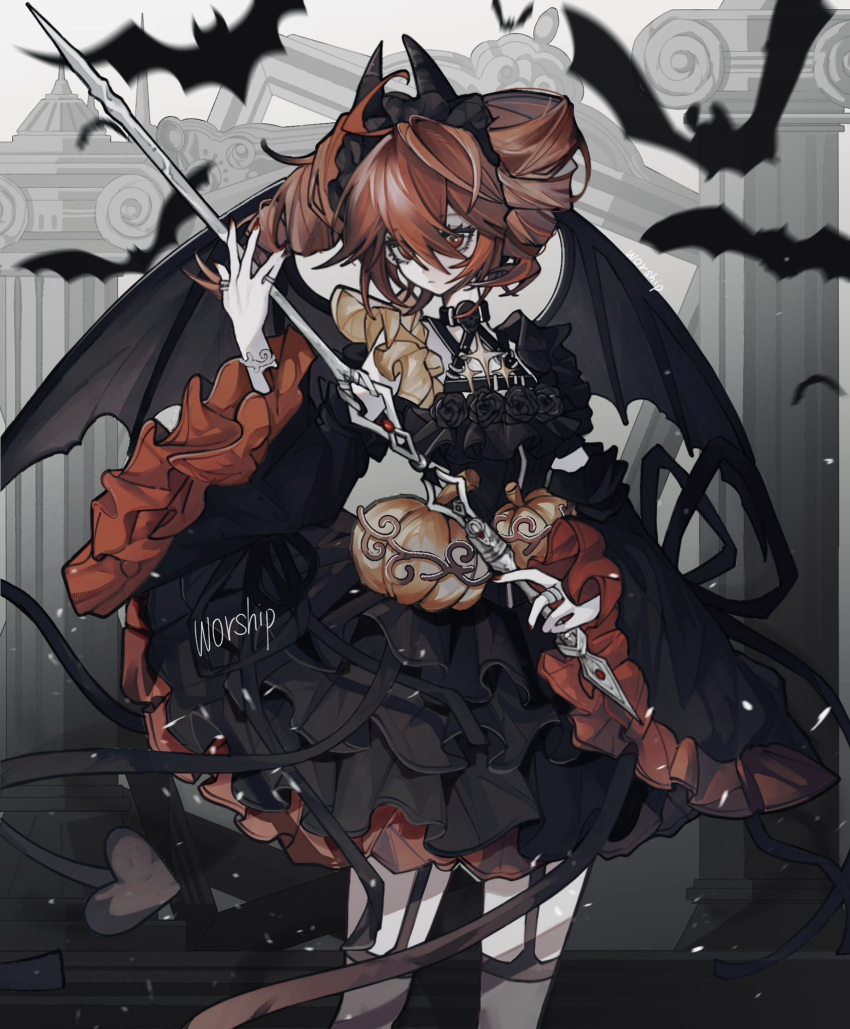 Safebooru - 1girl ahoge bat bat (animal) bat wings black hairband closed mouth dress drill hair ...