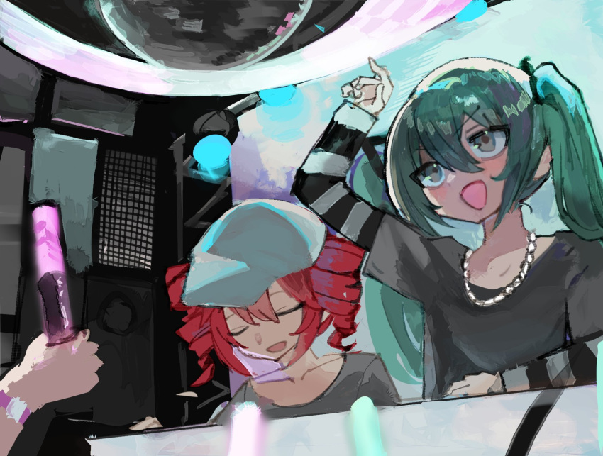 Safebooru - 1other 2girls aqua eyes aqua hair black footwear black sleeves blue hair closed eyes ...