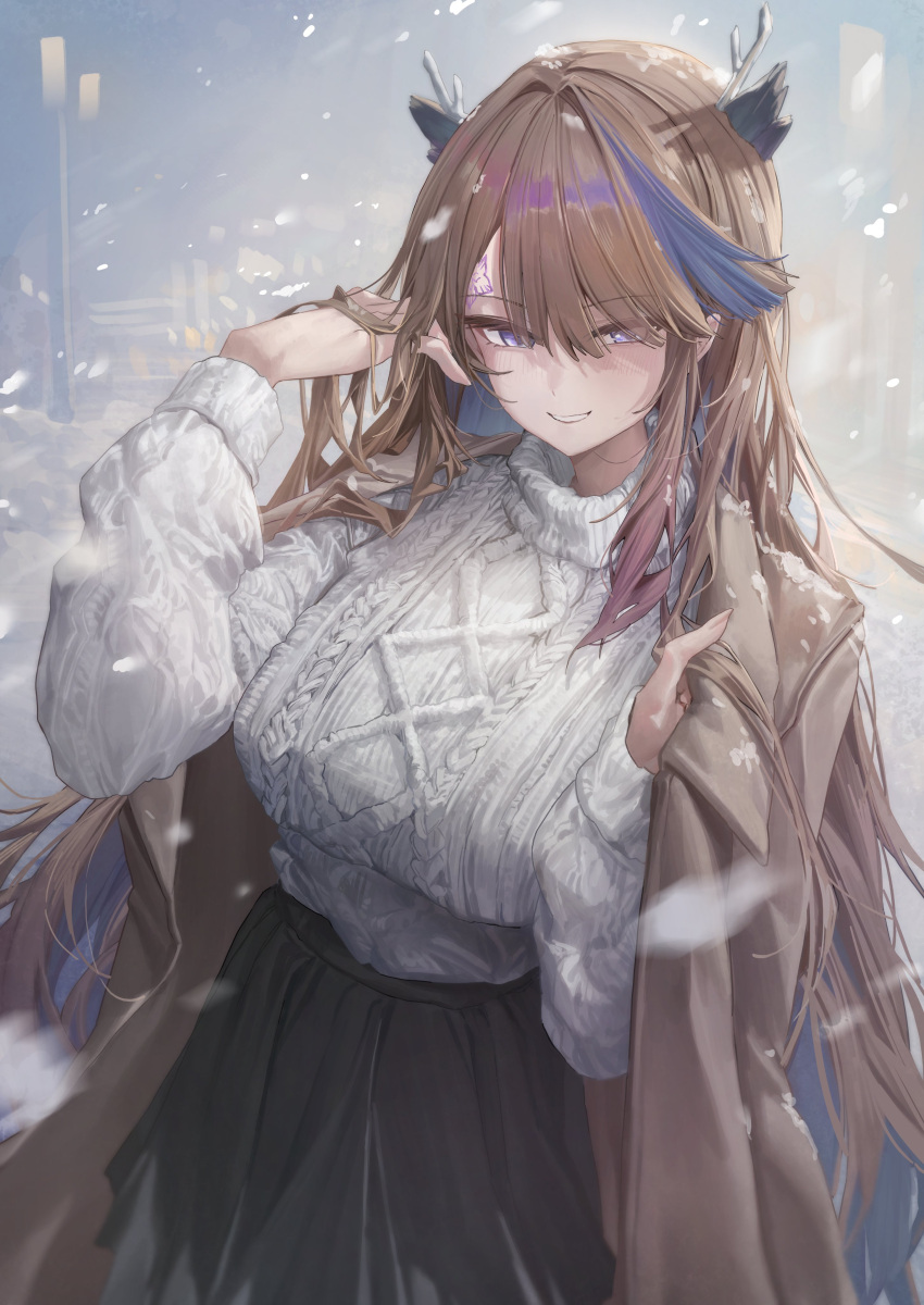 Safebooru - 1girl absurdres airi kanna blue hair brown coat brown hair coat dainillust dragon ...