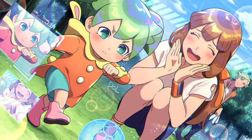 Safebooru - 1girl 2boys aqua shorts asurei rune blue pants brown hair ...