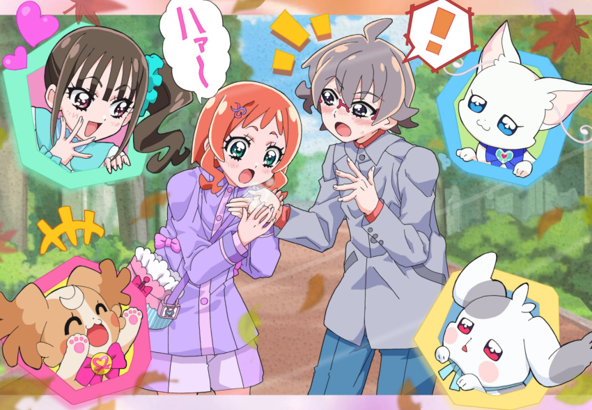 Safebooru - 2boys 4girls aqua scrunchie autumn leaves bag blush blush ...