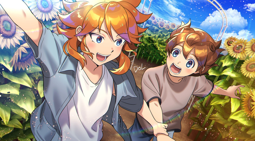 Safebooru - 2boys amemiya taiyou blue eyes blue shirt blue sky brown ...