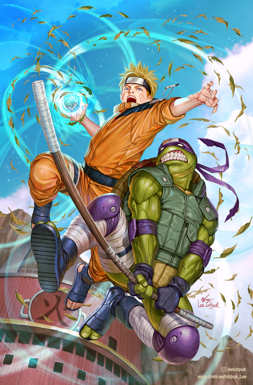 Safebooru - 2boys bandana blonde hair bo staff clenched teeth crossover ...