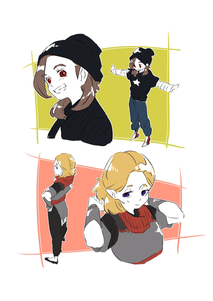 Safebooru - armor arms up beanie black headwear black pants black sweater blonde hair blue eyes ...