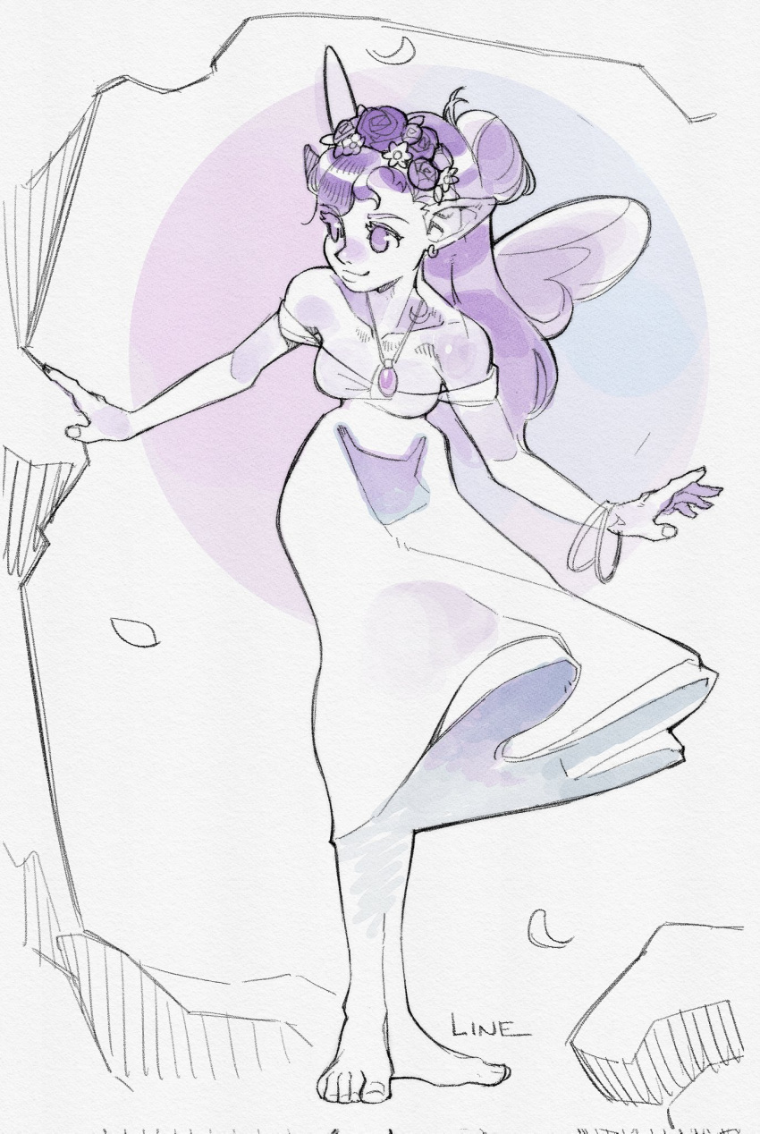 Safebooru - 1girl barefoot bracelet breasts cleavage closed mouth dress fairy feet full body ...