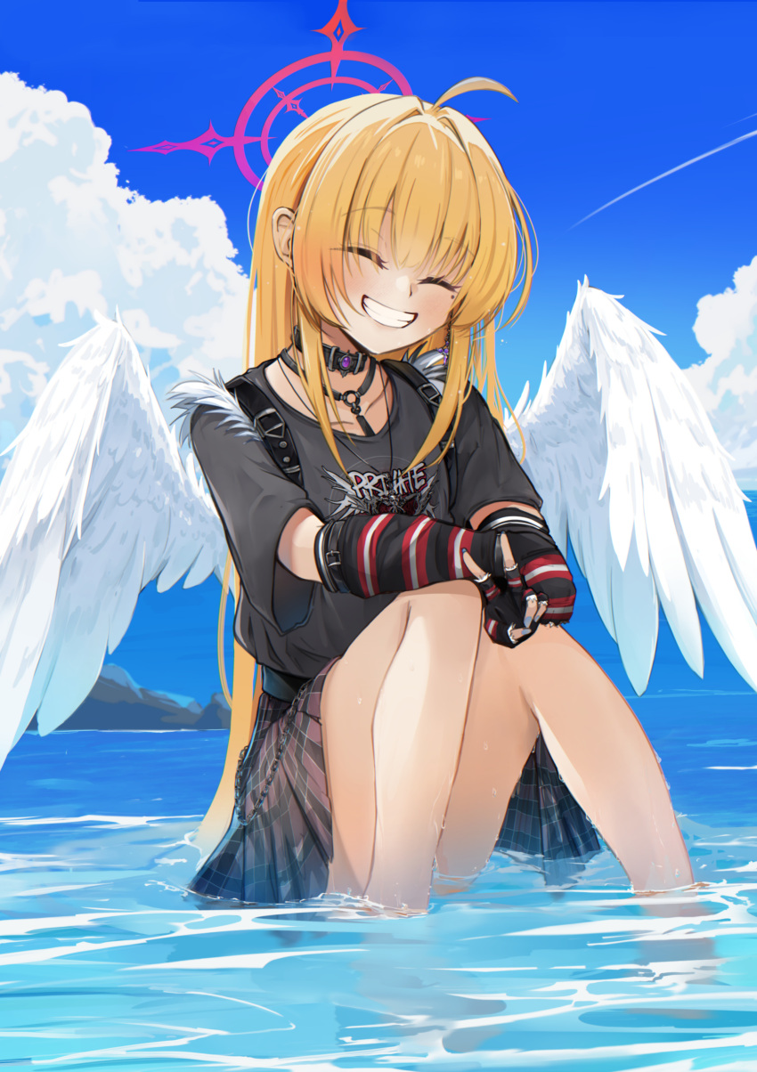 Safebooru - 1girl ^ ^ absurdres blonde hair blue sky closed eyes clouds collar commentary elbow ...