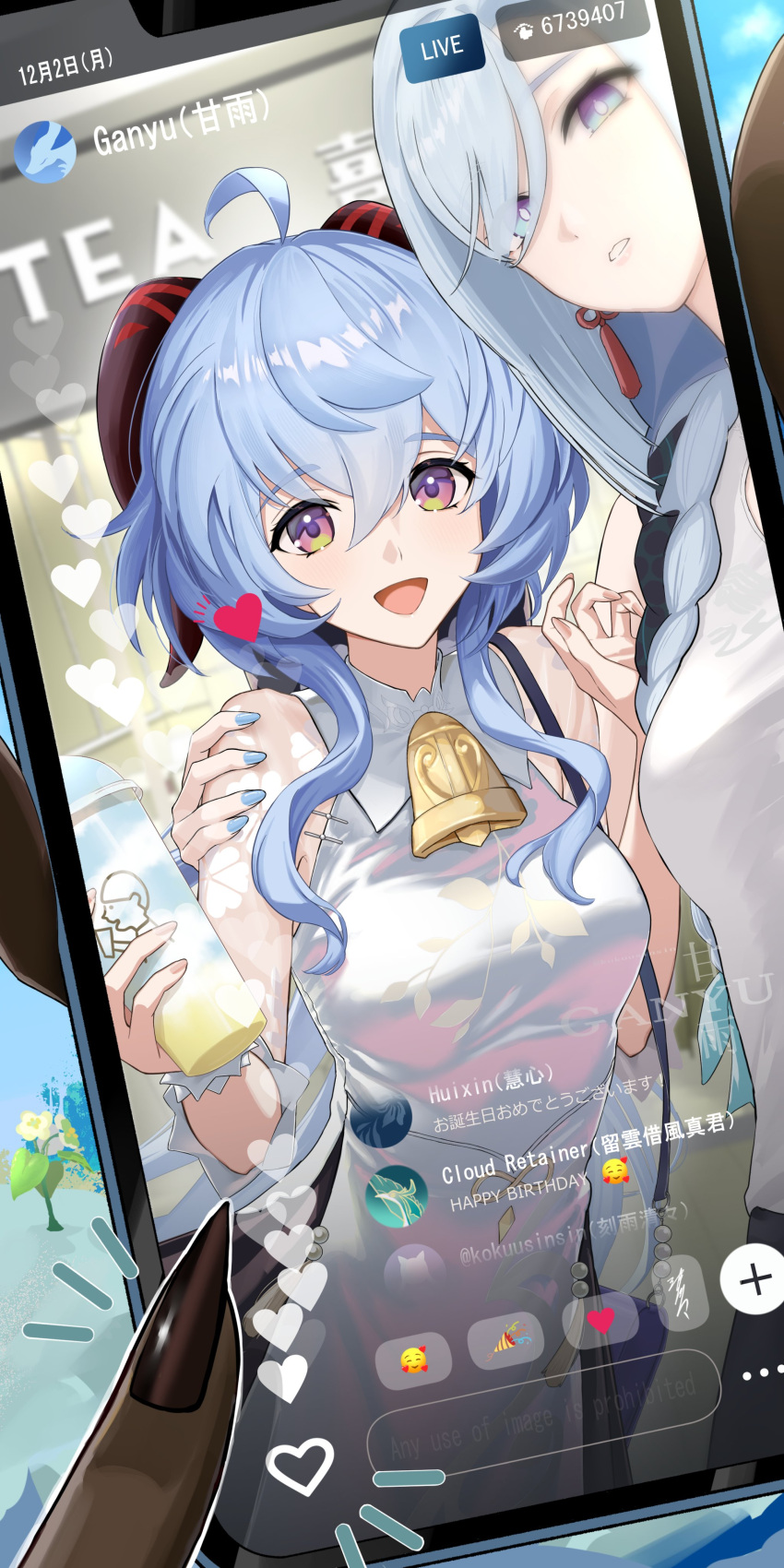Safebooru - 3girls absurdres bell black nails blue hair blue nails ...
