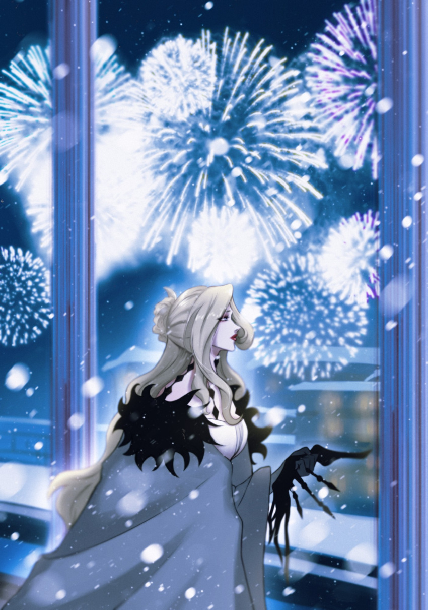 Safebooru - 1girl 7villian7 aerial fireworks black mask blonde hair ...