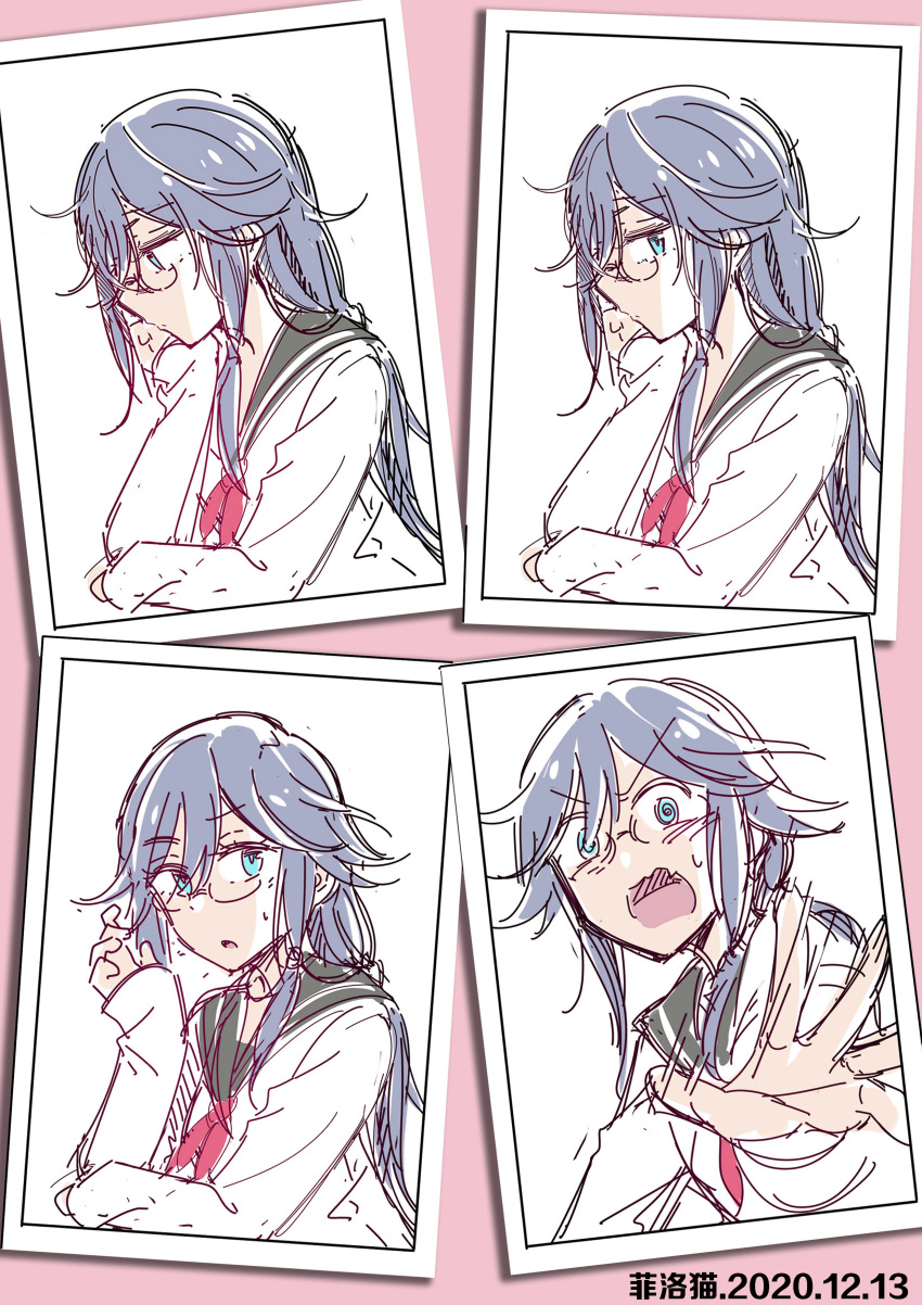 Safebooru - 1girl :o @ @ absurdres artist name black hair blue hair ...