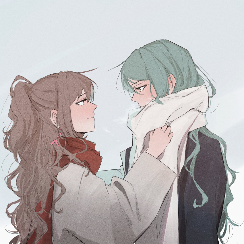 Safebooru - 2girls aqua hair bang dream! black coat blue background breath brown hair closed ...