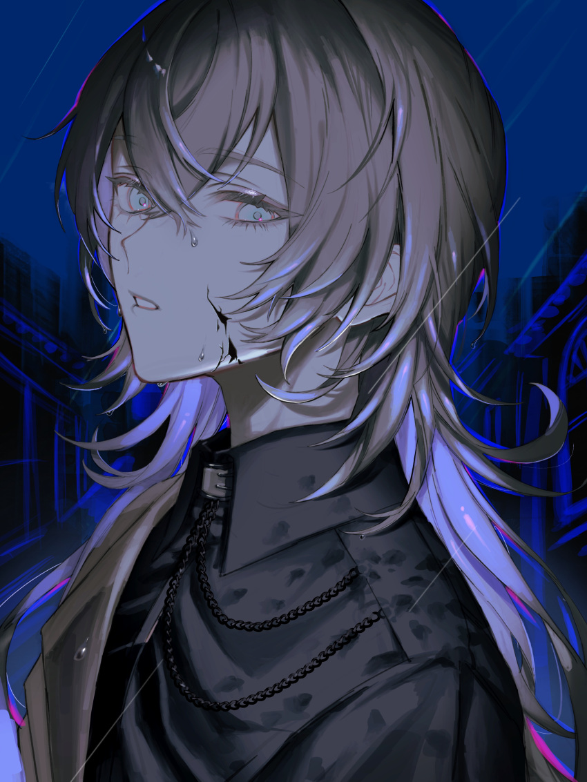 Safebooru - 1boy abstract background absurdres black jacket black shirt blue background blue ...