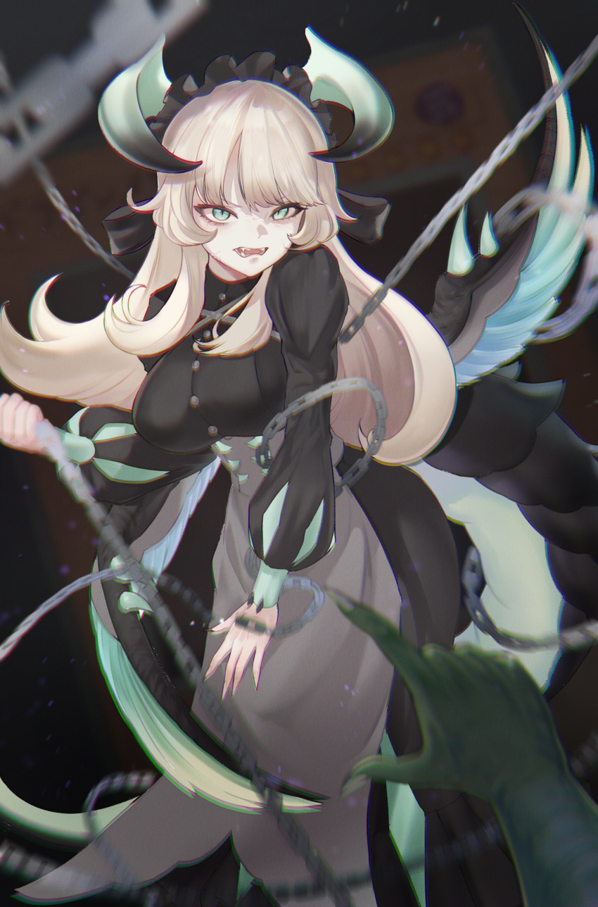 Safebooru - 1girl absurdres black dress black tail blonde hair breasts called by the grave chain ...