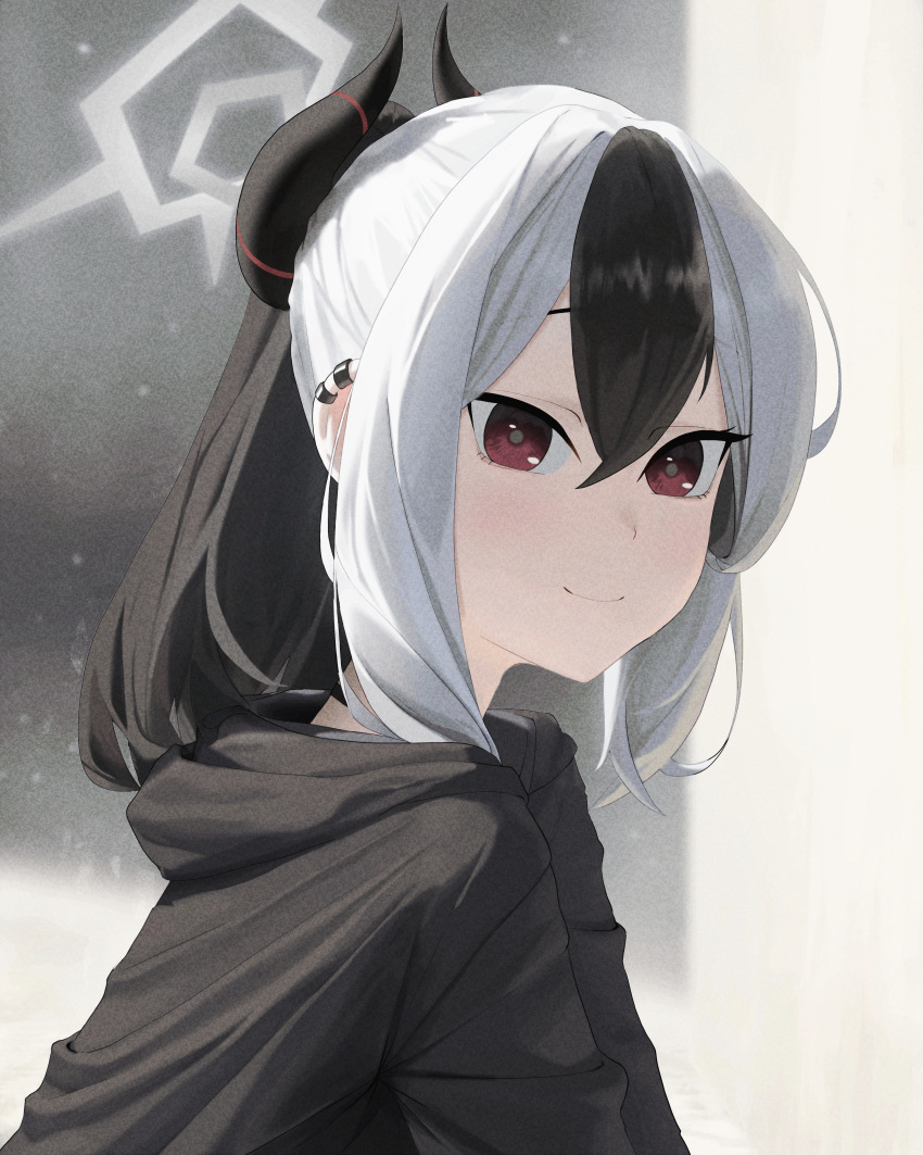 Safebooru - 1girl absurdres black hair black hoodie black horns blue archive blurry blurry ...