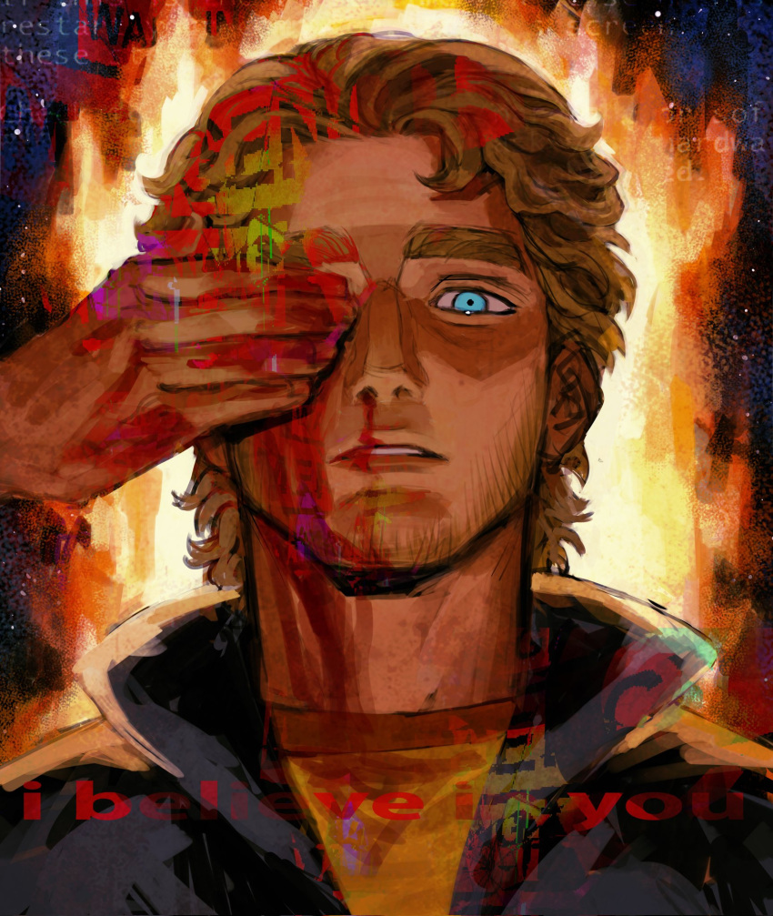 Safebooru - 1boy beard blonde hair blue eyes blue jacket collared jacket commentary curly ...