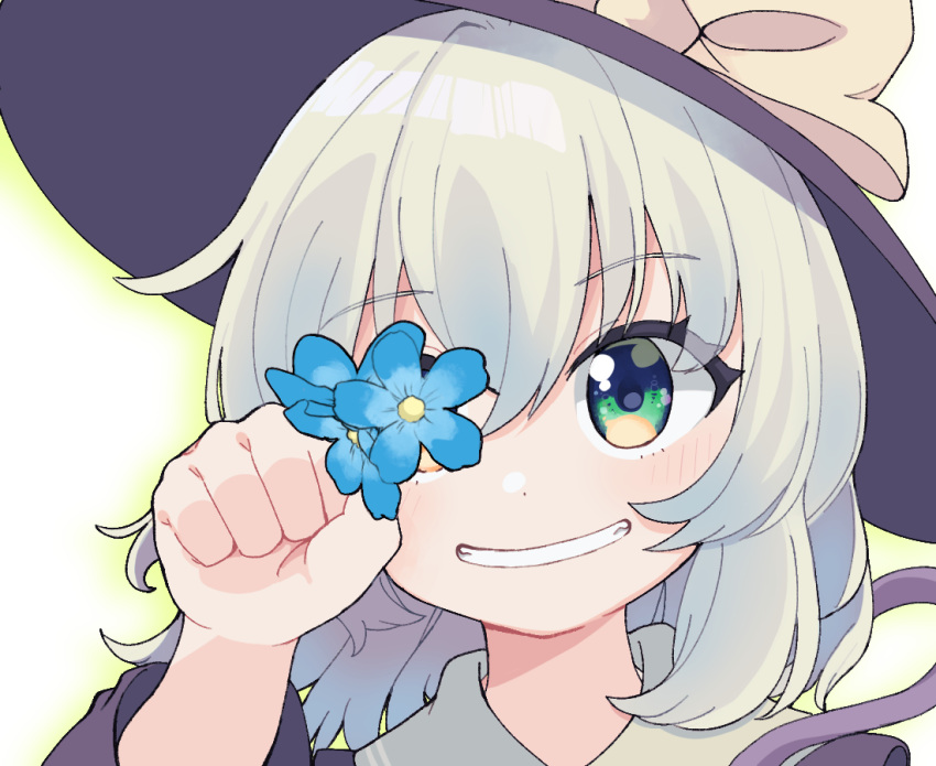 Safebooru - 1girl black headwear blue flower blush flower green eyes ...