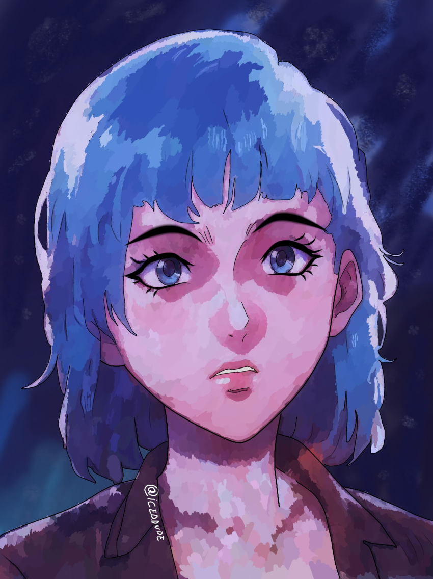 Safebooru - 1girl arcane: league of legends black jacket blue background blue eyes blue hair ...