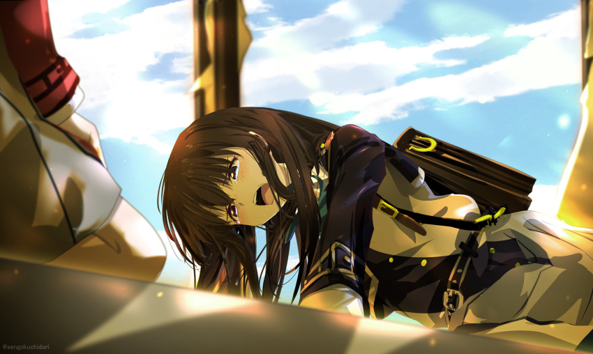 Safebooru - 2girls absurdres backpack bag belt black hair blue belt blue dress blush brown bag ...