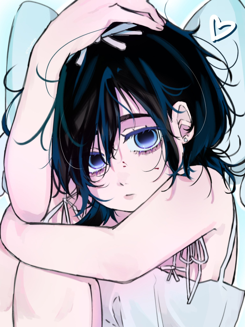 Safebooru - 1girl alien stage arm over head black hair blue eyes bow ...
