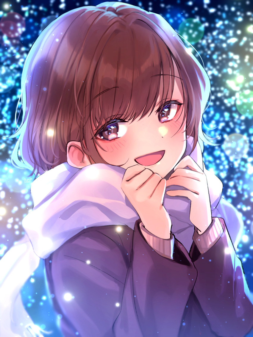 Safebooru - 1girl blurry blurry background blush brown eyes brown hair christmas lights ...