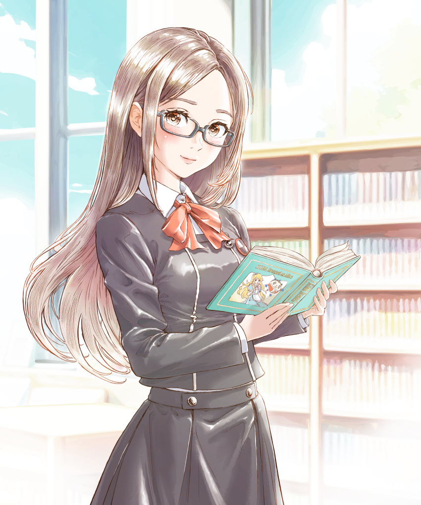 Safebooru - 1girl absurdres black-framed eyewear black skirt blonde hair book bookshelf bow ...