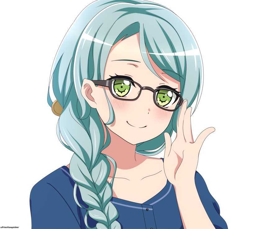 Safebooru - 1girl aqua hair bang dream! bespectacled black-framed eyewear blue shirt blush braid ...