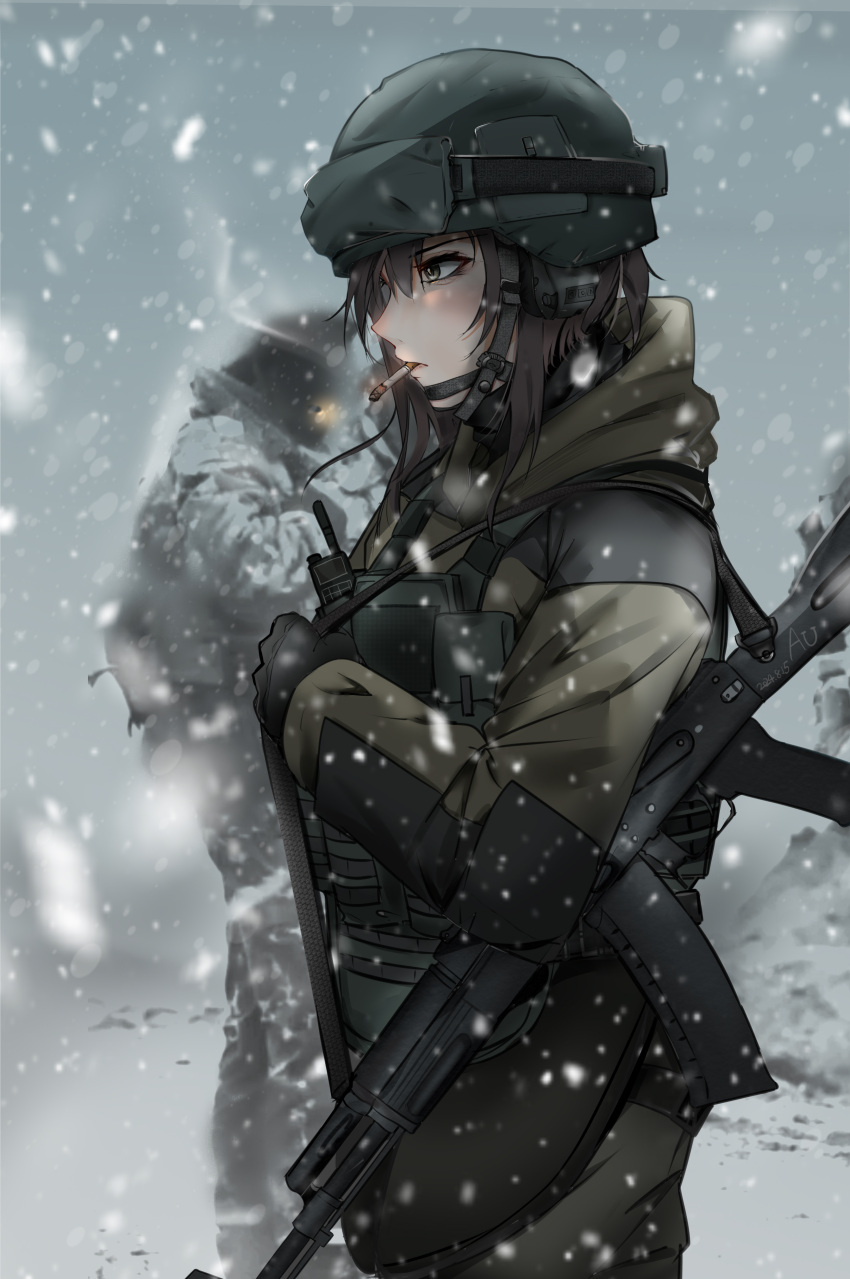 Safebooru - 1girl 1other absurdres ak-74m ammunition pouch assault rifle bags under eyes black ...