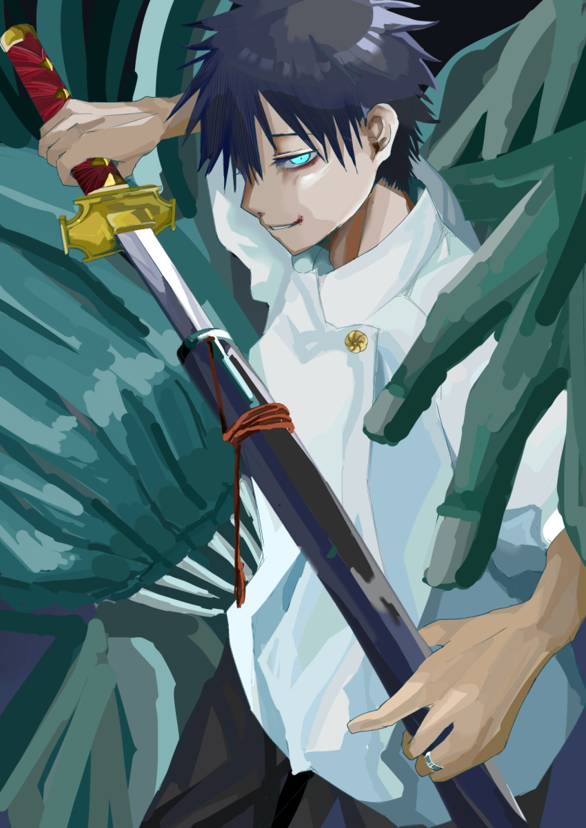 Safebooru - 1boy 2021 black background black hair black pants blue eyes highres jhmv2455 jujutsu ...