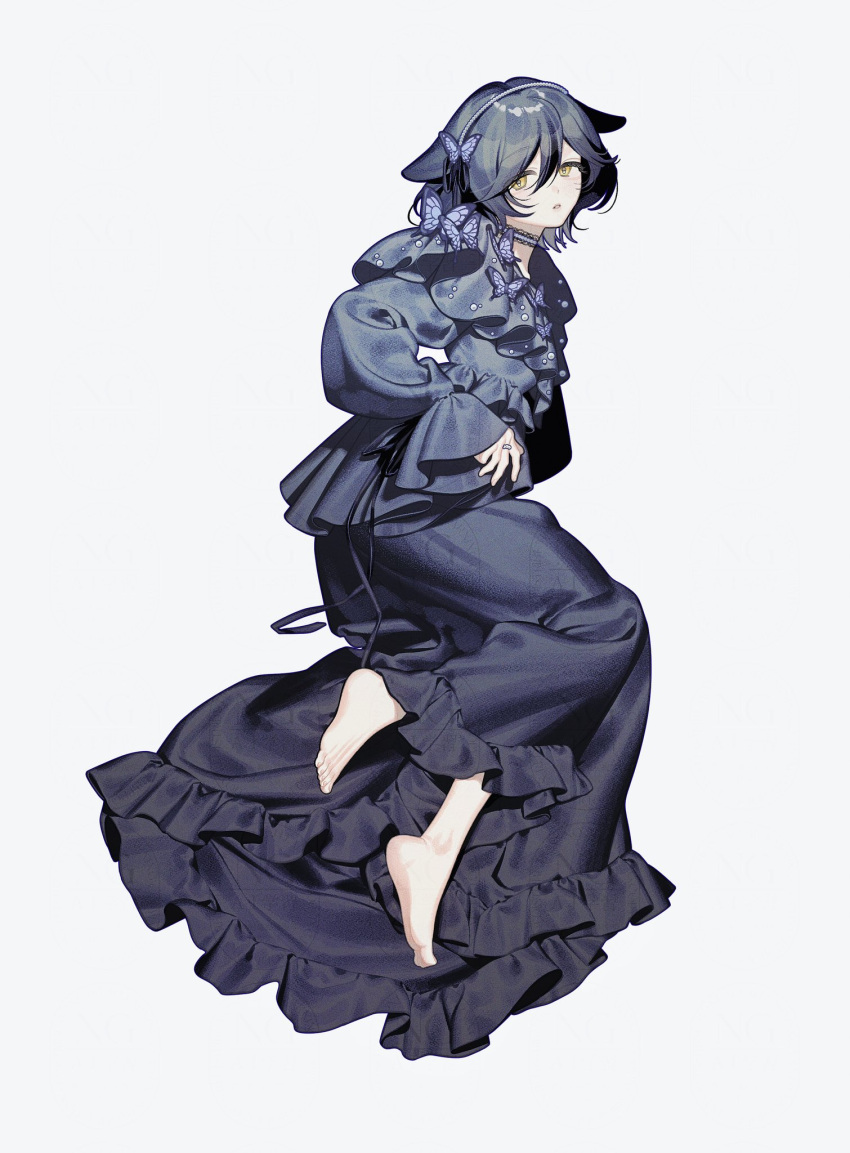 Safebooru - 1girl animal ears barefoot black dress black hair butterfly hair ornament commission ...