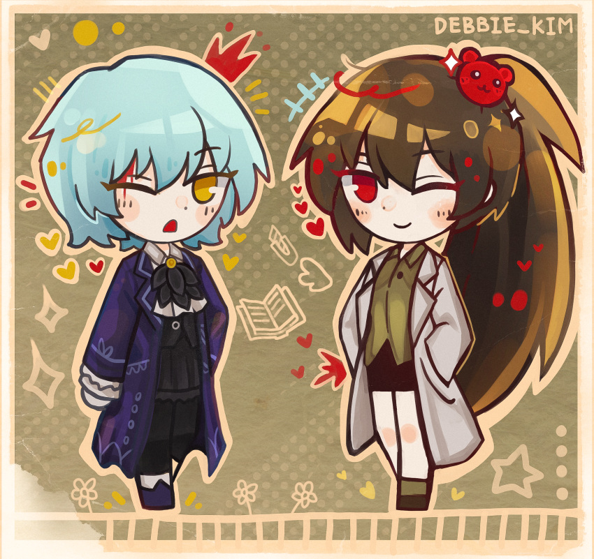 Safebooru - 2girls absurdres angela (project moon) black pantyhose black skirt black vest blue ...