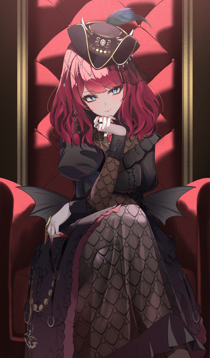 Safebooru - 1girl akatsuki hotaru black dress black hair blue eyes center frills crossed legs ...