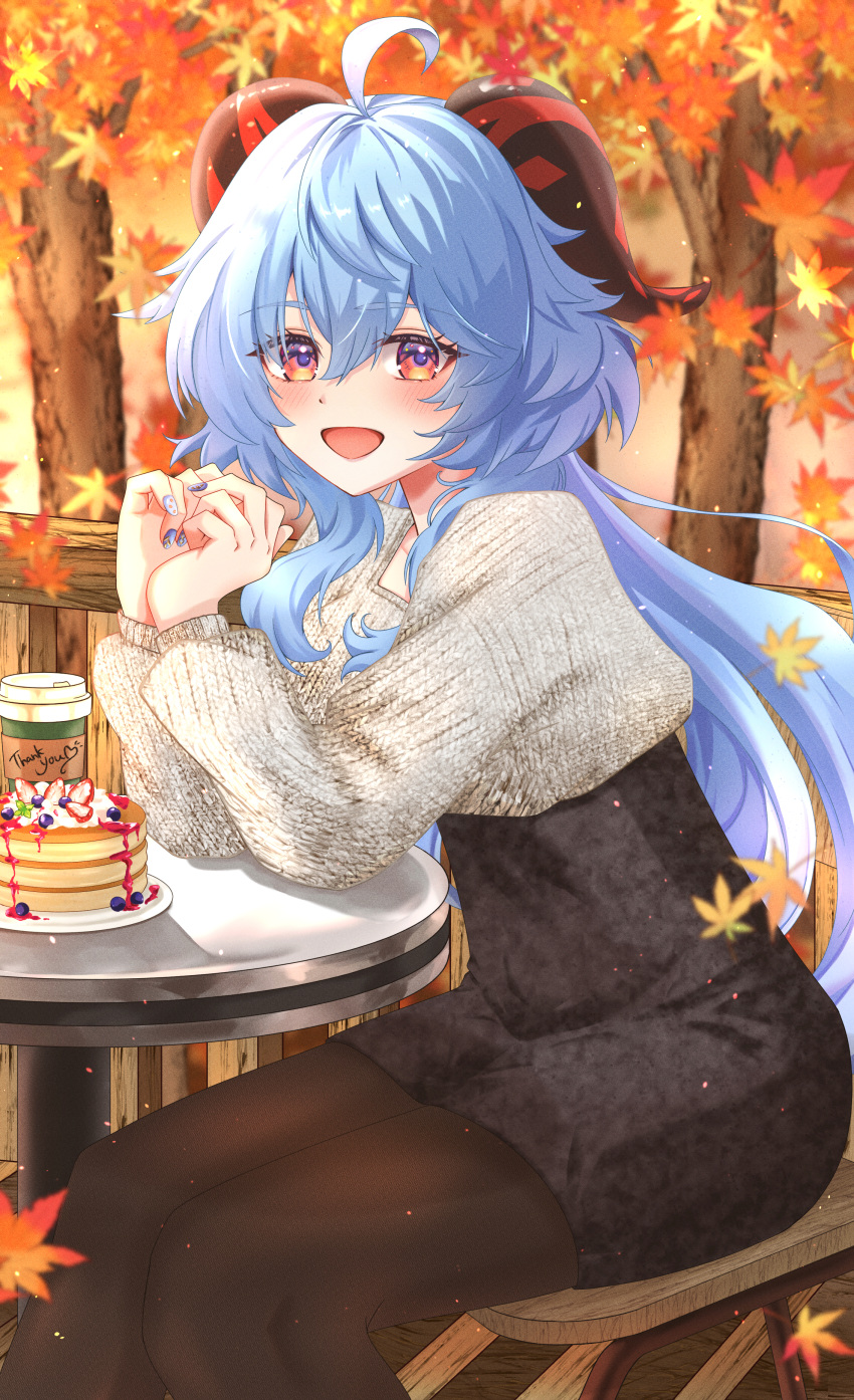 Safebooru - 1girl absurdres autumn leaves black pantyhose black skirt blue hair cake casual ...