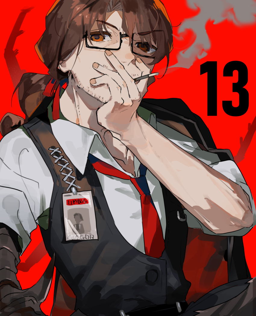 Safebooru - 1boy black vest brown eyes brown hair cigarette collared shirt glasses gregor ...