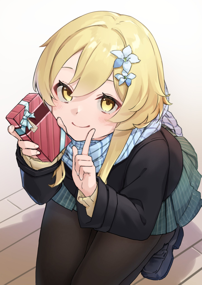 Safebooru - 1girl black jacket black pantyhose blonde hair blue scarf closed mouth flower ...