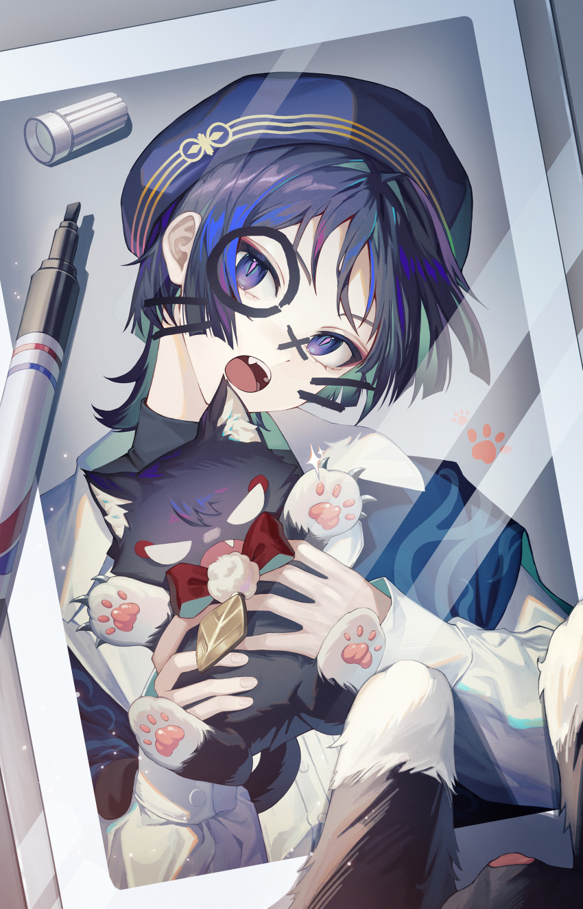 Safebooru - 1boy absurdres alternate costume animal animalization aqua hair beret black cat ...